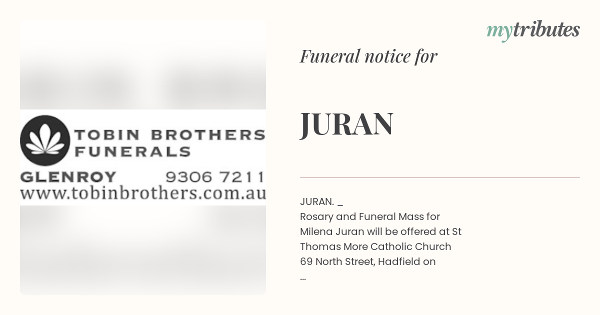JURAN | Funeral Notices | Melbourne | My Tributes