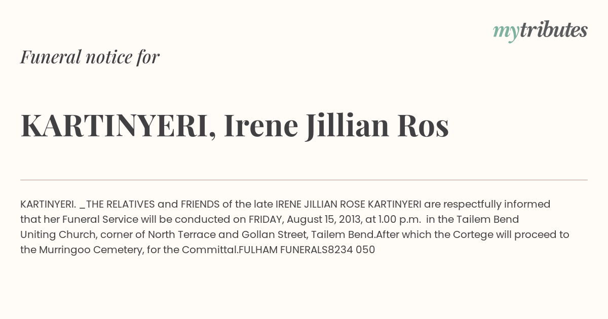 KARTINYERI, Irene Jillian Ros | Funeral Notices | Darwin | My Tributes