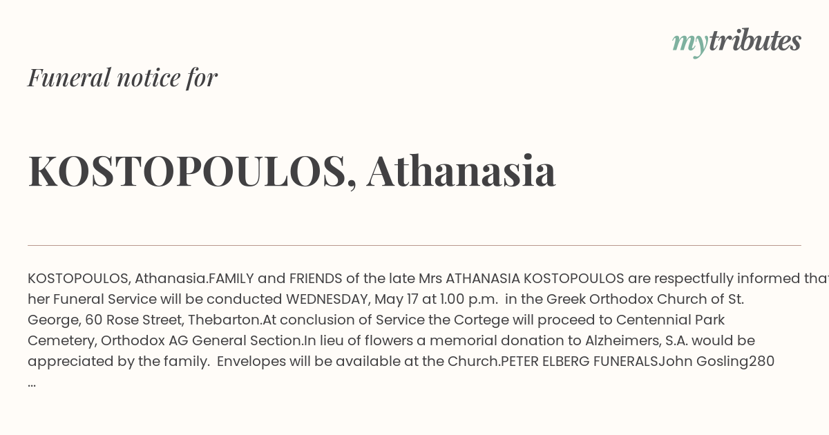 KOSTOPOULOS, Athanasia | Funeral Notices | Darwin | My Tributes