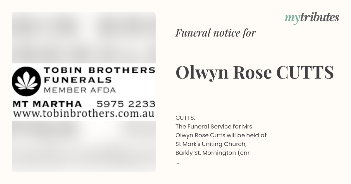 Olwyn Rose CUTTS | Funeral Notices | Melbourne | My Tributes
