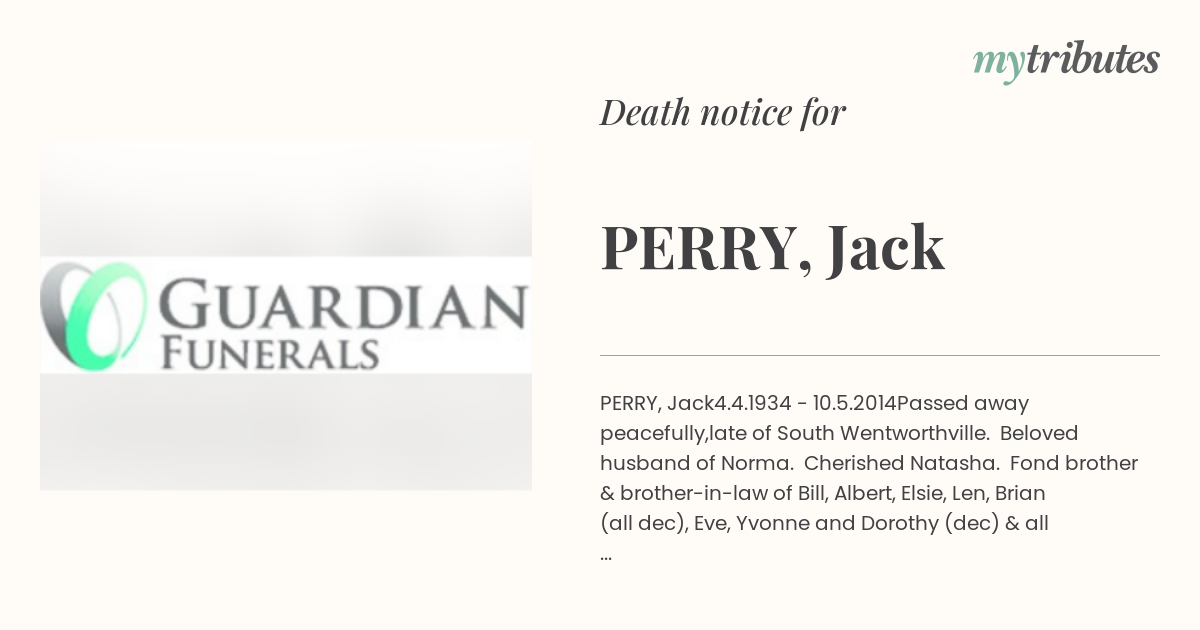 PERRY, Jack | Death Notices | Sydney | My Tributes