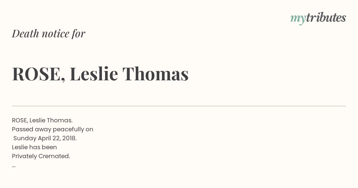 ROSE, Leslie Thomas | Death Notices | Darwin | My Tributes
