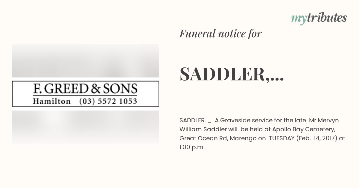 SADDLER, Mervyn William | Funeral Notices | Melbourne | Weekly Times Now