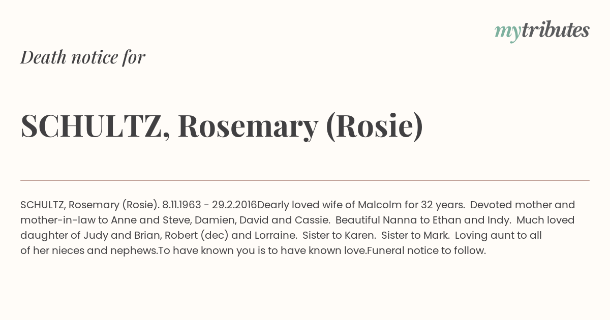 SCHULTZ, Rosemary (Rosie) | Death Notices | Tasmania | My Tributes