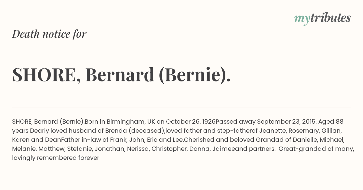 SHORE, Bernard (Bernie). | Death Notices | Darwin | My Tributes