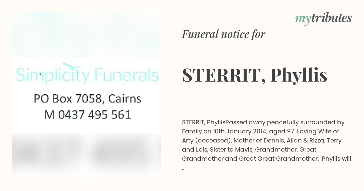 STERRIT, Phyllis | Funeral Notices | Cairns | Weekly Times Now