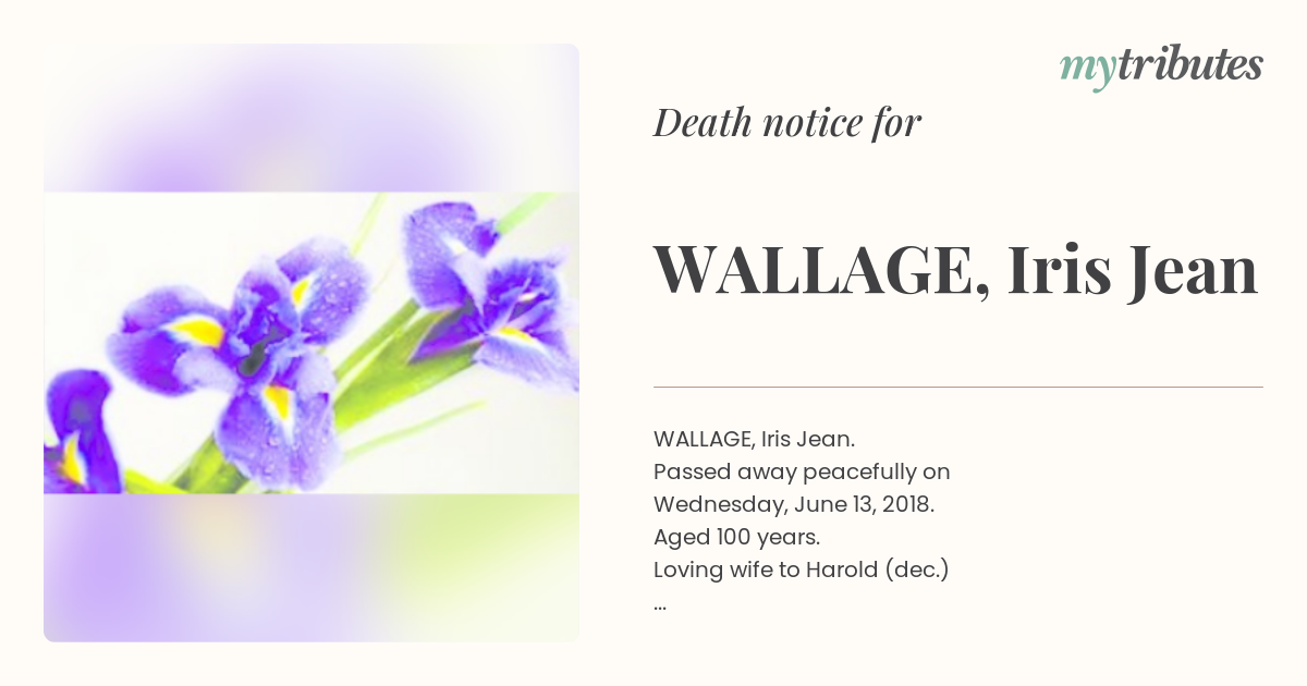 WALLAGE, Iris Jean | Death Notices | Darwin | My Tributes