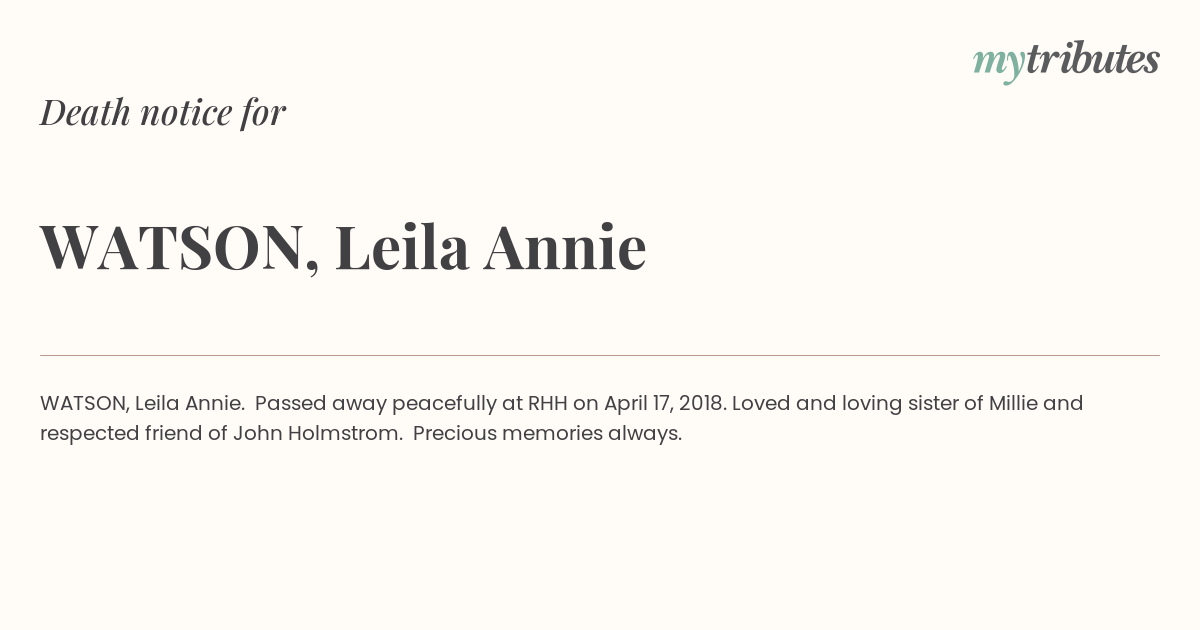 WATSON, Leila Annie | Death Notices | Tasmania | The Mercury