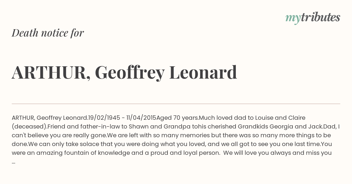 ARTHUR, Geoffrey Leonard | Death Notices | Darwin | Weekly Times Now