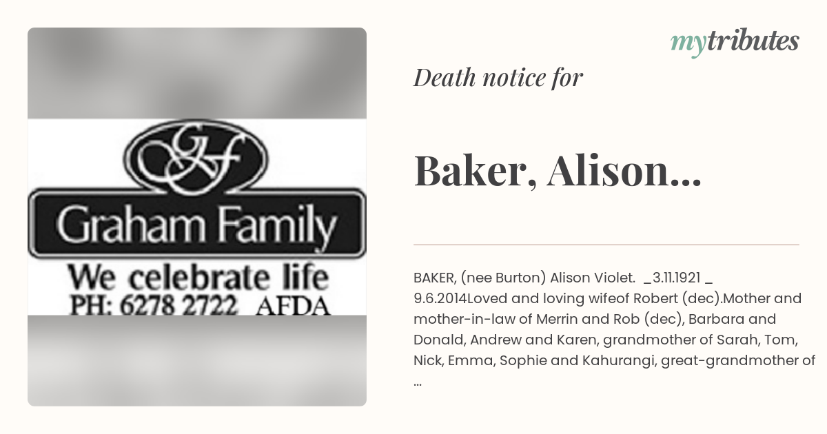 Baker, Alison Violet | Death Notices | Tasmania | The Mercury