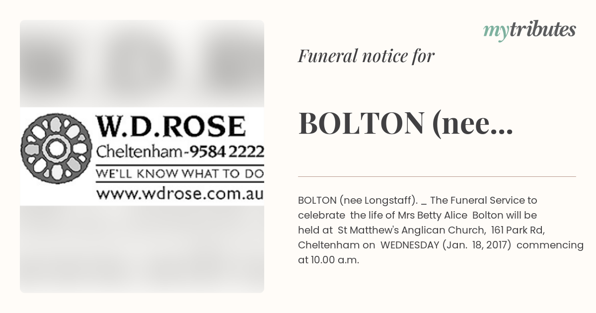 BOLTON (nee Longstaff), Betty Alice | Funeral Notices | Melbourne | My ...