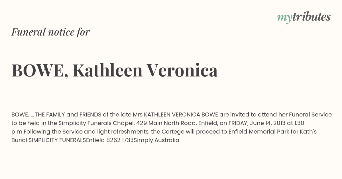 BOWE, Kathleen Veronica | Funeral Notices | Darwin | The Chronicle