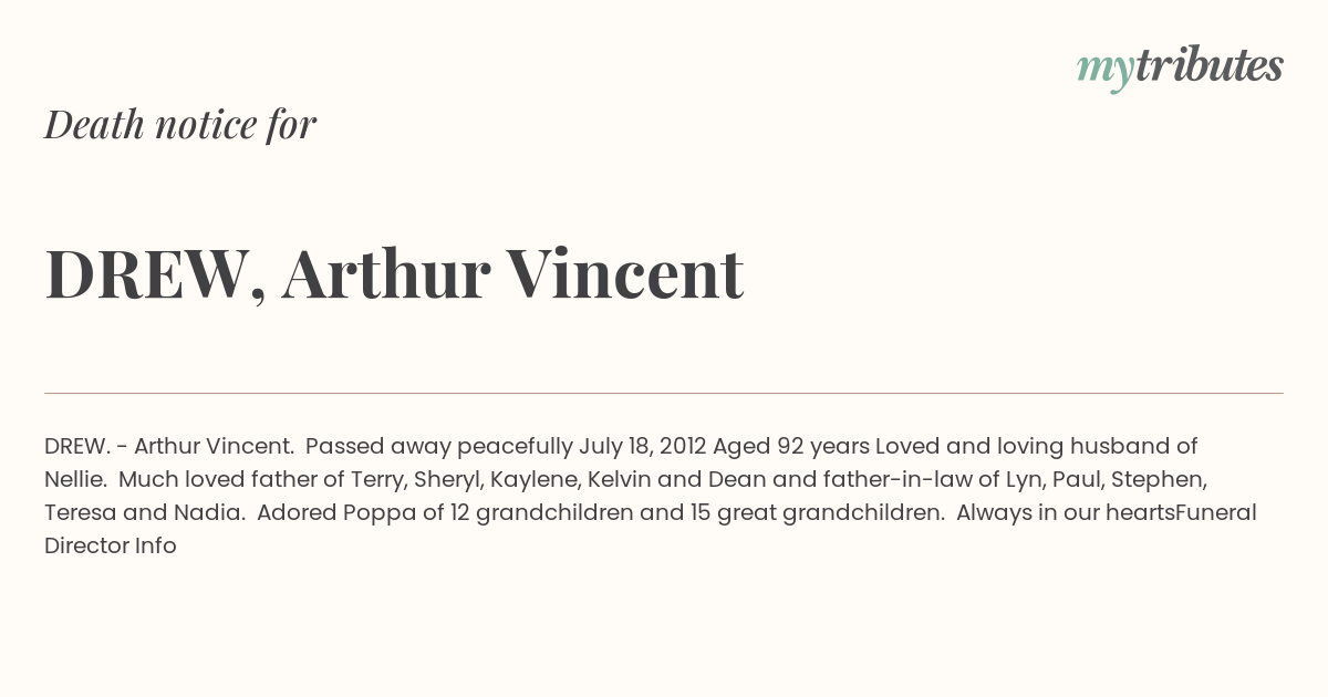 DREW, Arthur Vincent | Death Notices | Melbourne | My Tributes