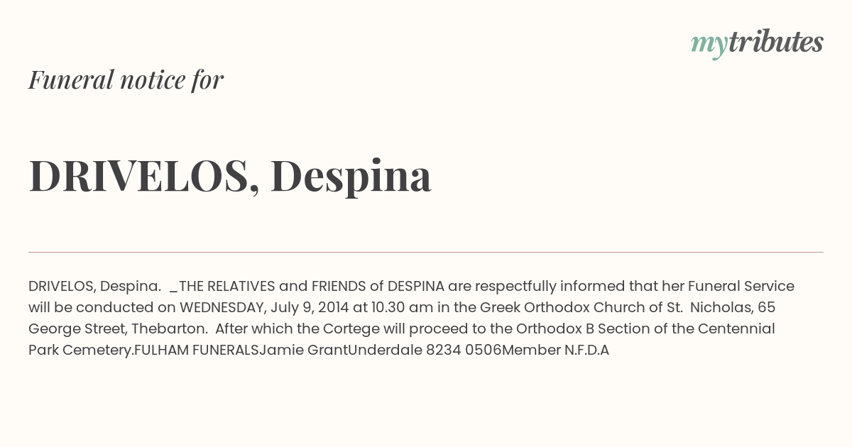 DRIVELOS, Despina | Funeral Notices | Darwin | My Tributes