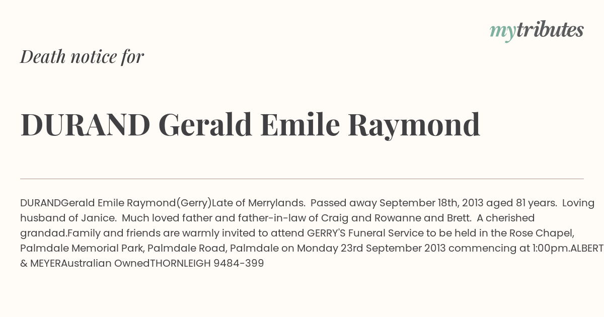 DURAND Gerald Emile Raymond | Death Notices | Sydney | My Tributes