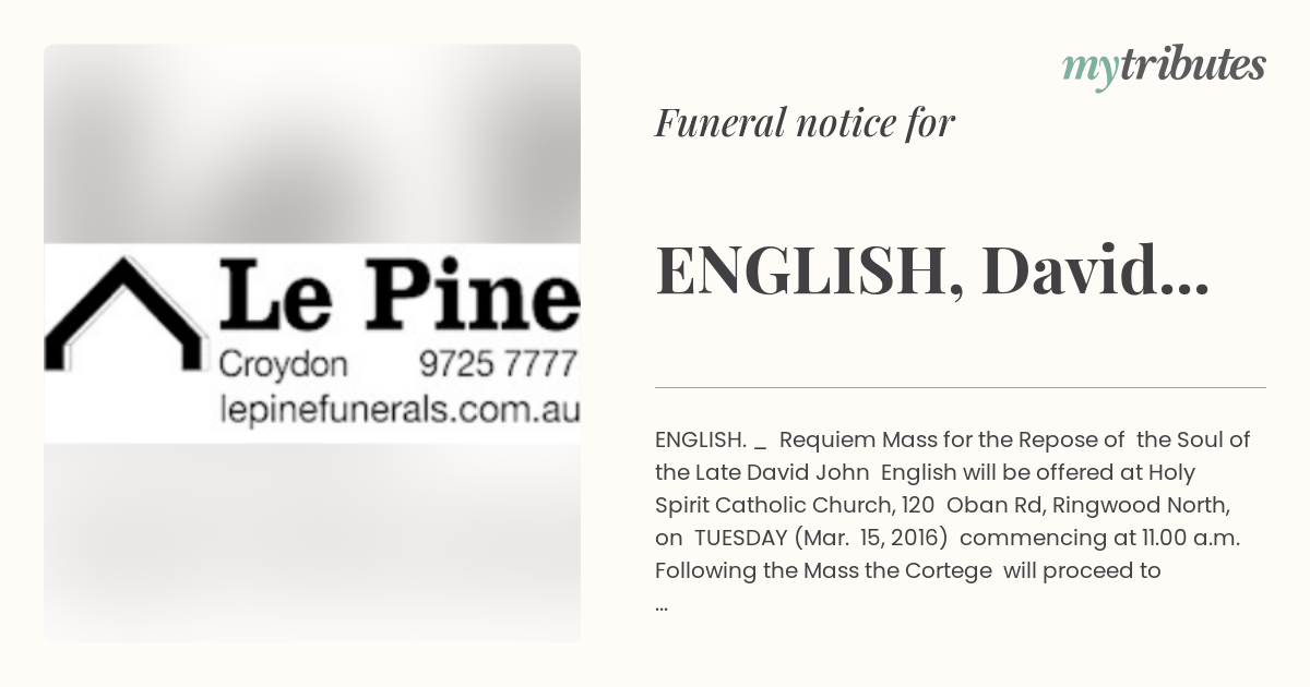 ENGLISH, David John | Funeral Notices | Melbourne | My Tributes