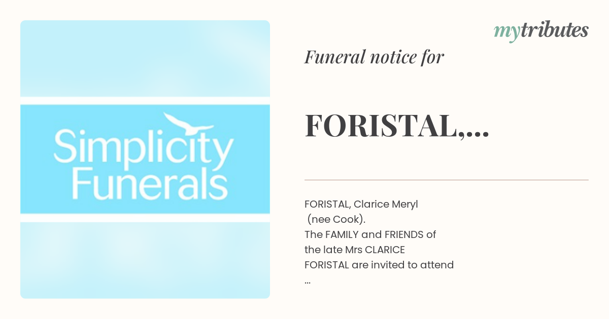 FORISTAL, Clarice Meryl | Funeral Notices | Darwin | My Tributes