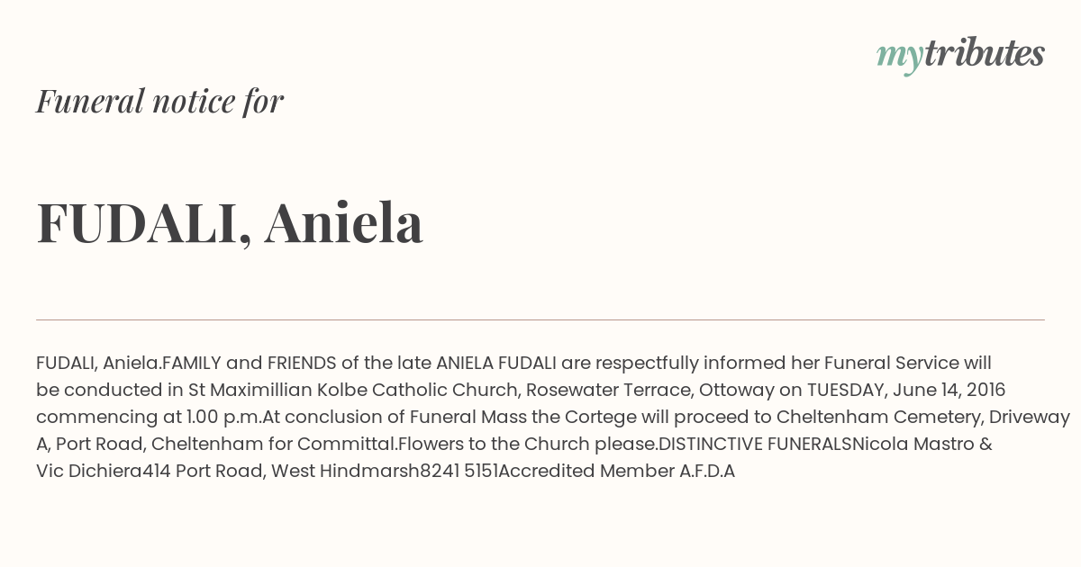 FUDALI, Aniela | Funeral Notices | Darwin | My Tributes