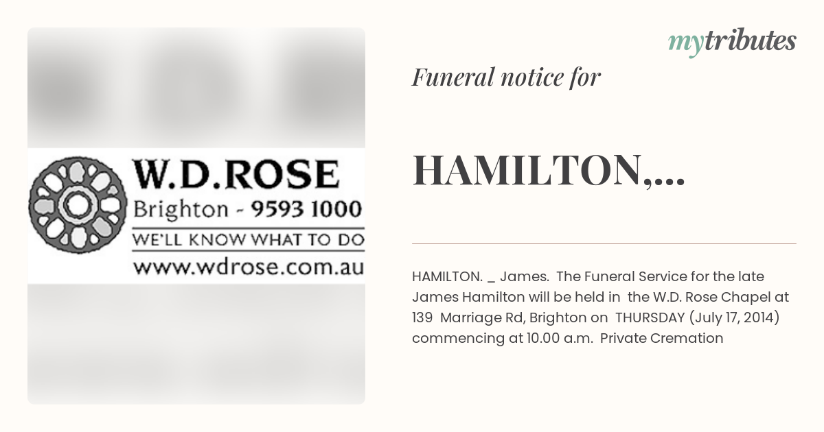 HAMILTON, James Harvey | Funeral Notices | Melbourne | My Tributes