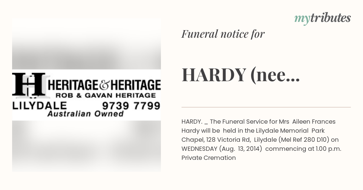 HARDY (nee Bourke), Aileen Frances | Funeral Notices | Melbourne | My ...