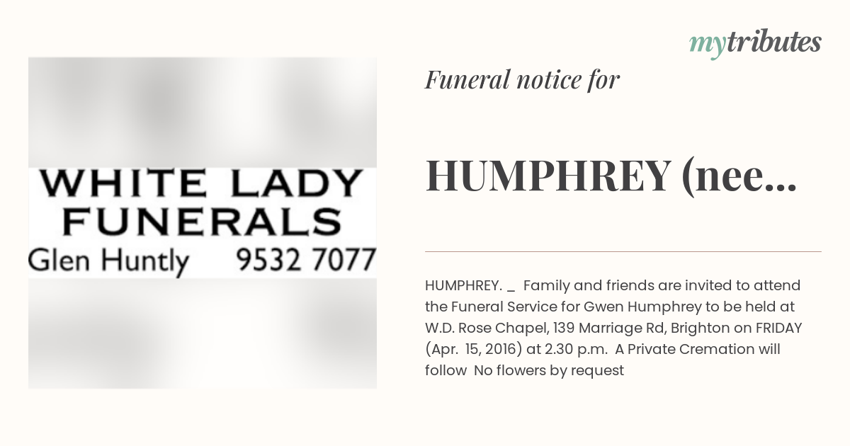 HUMPHREY (nee Healy), Gweneth | Funeral Notices | Melbourne | My Tributes