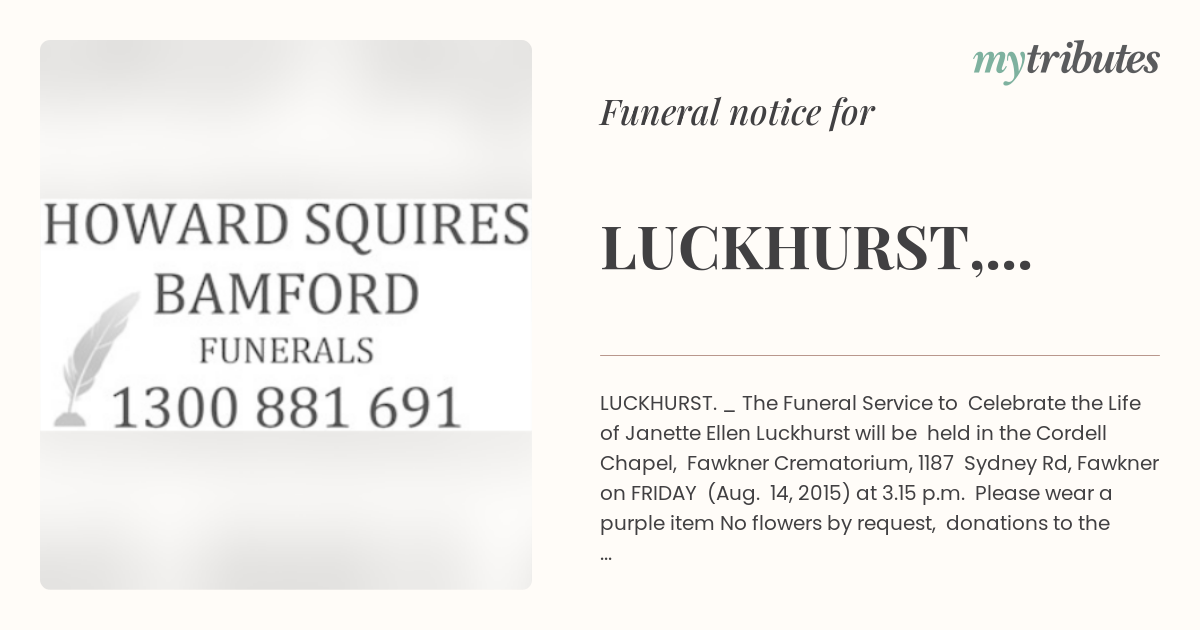 LUCKHURST, Janette Ellen | Funeral Notices | Melbourne | My Tributes