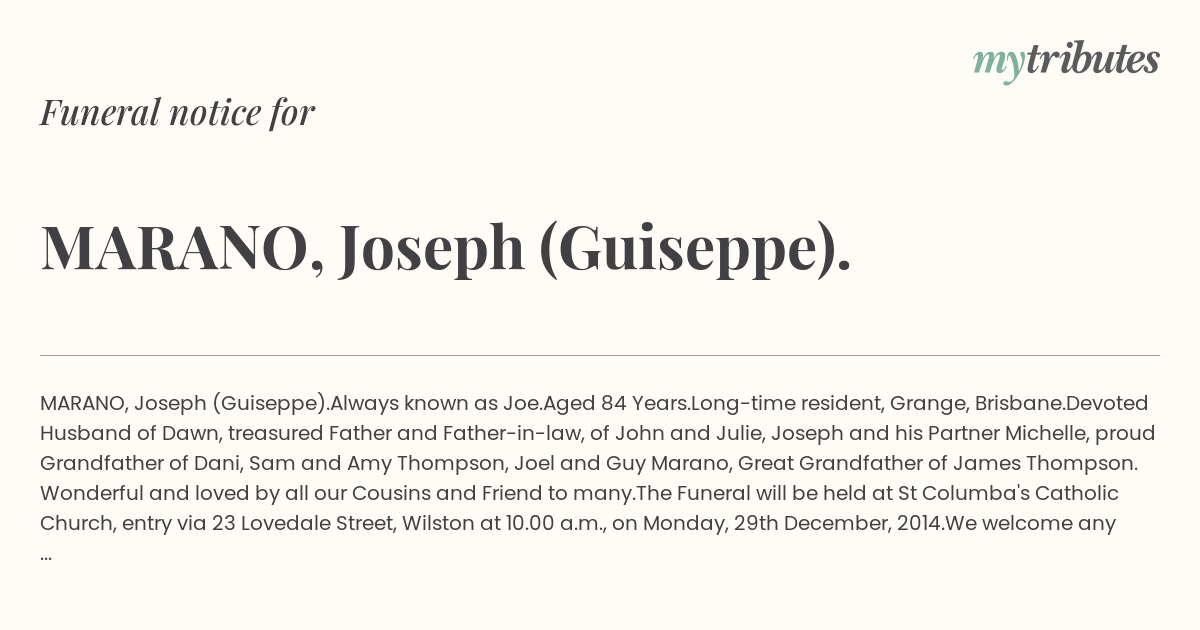 MARANO, Joseph (Guiseppe). | Funeral Notices | Brisbane | My Tributes