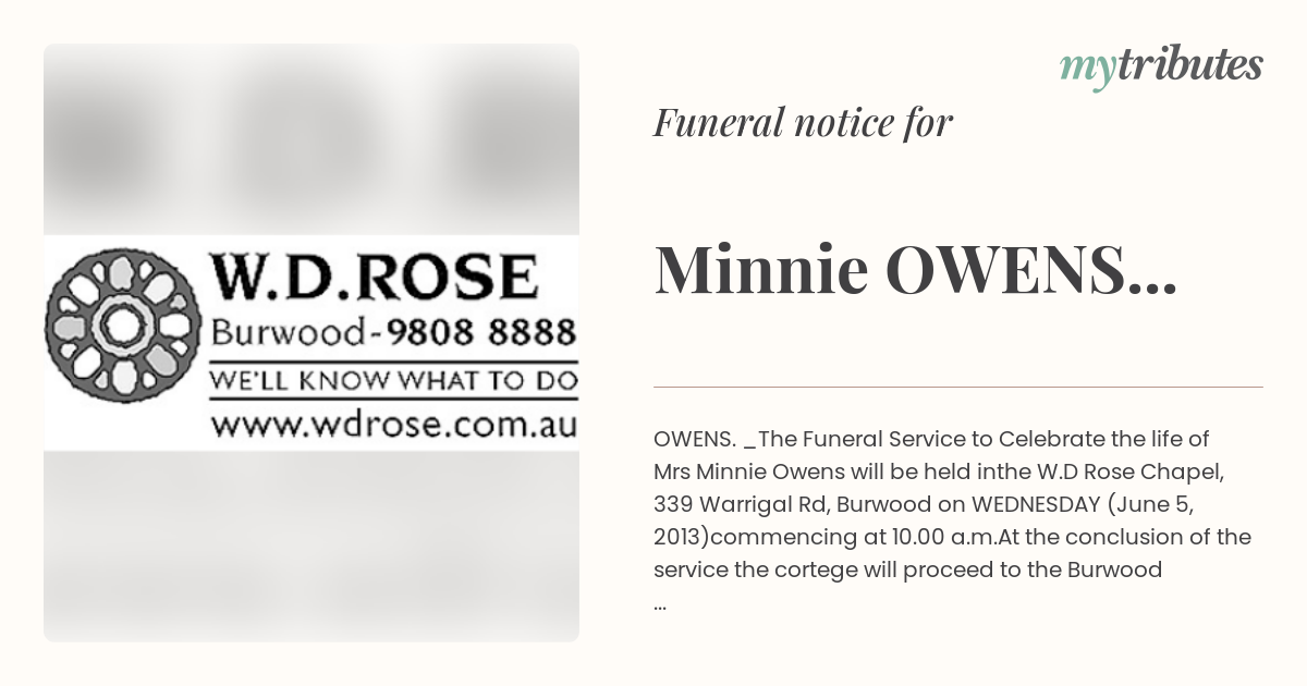 Minnie OWENS (nee Watts) | Funeral Notices | Melbourne | My Tributes