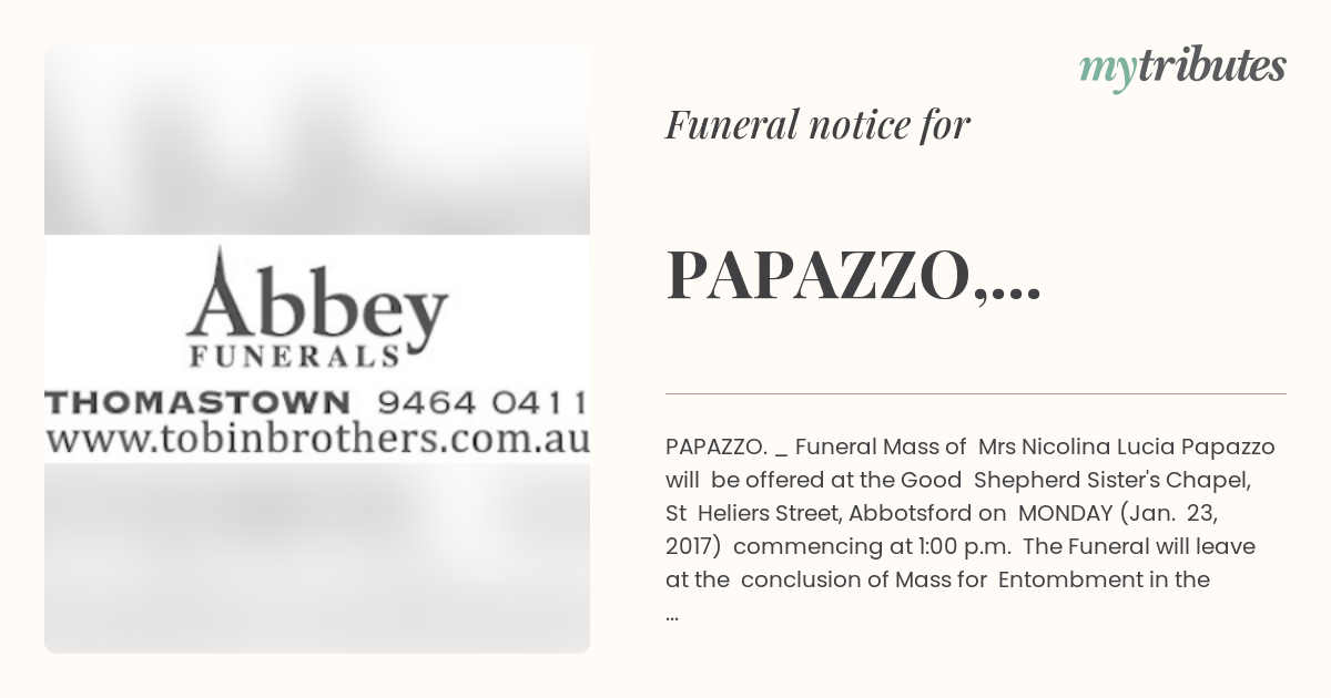 PAPAZZO, Nicolina Lucia | Funeral Notices | Melbourne | My Tributes