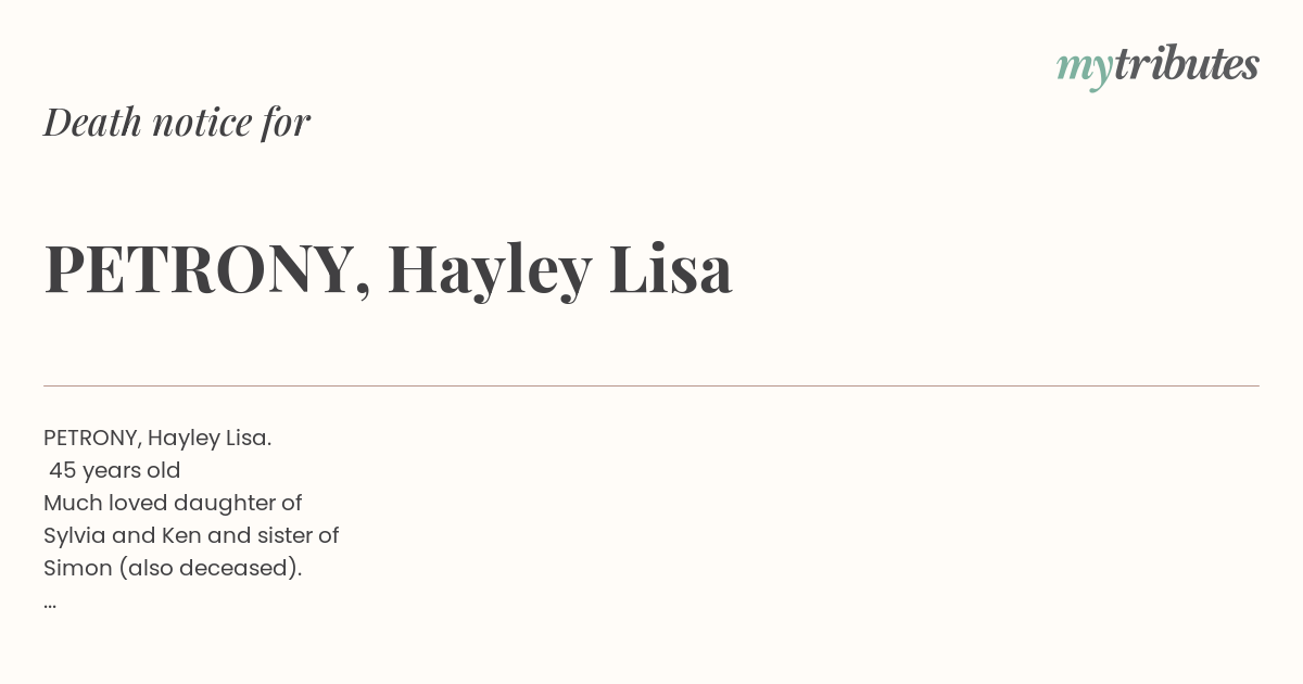PETRONY, Hayley Lisa | Death Notices | Darwin | My Tributes