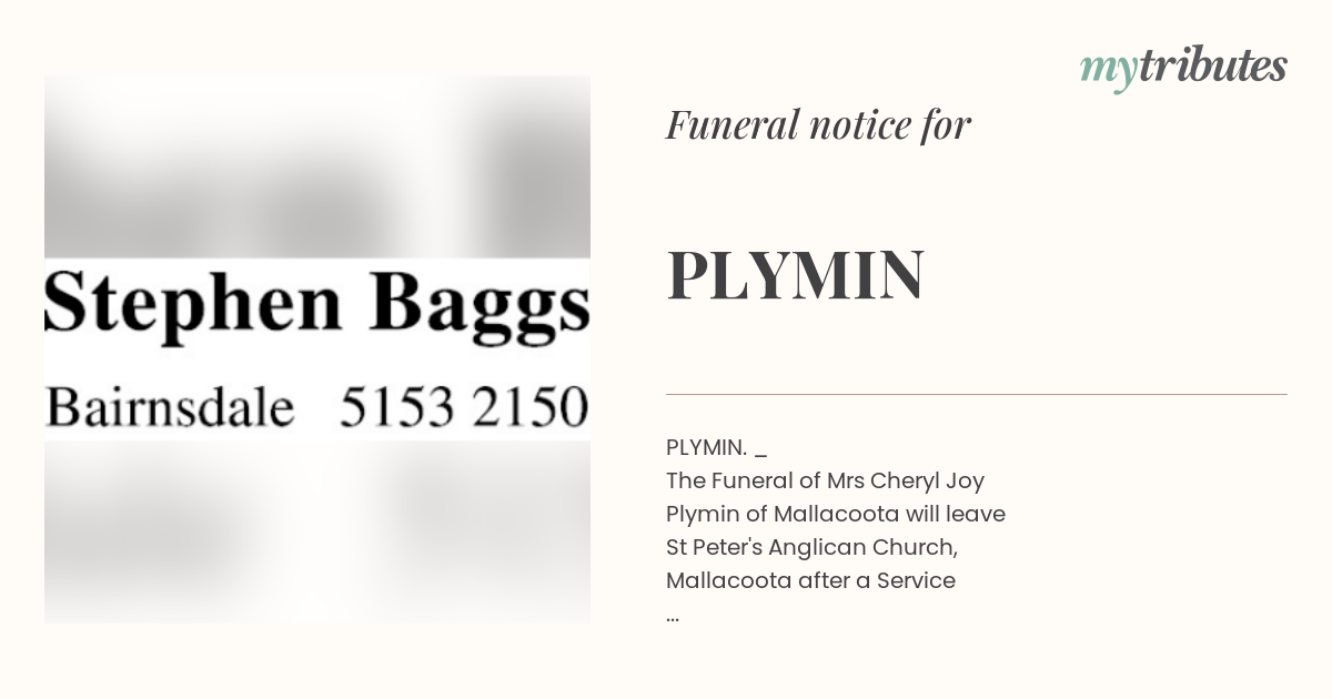 PLYMIN | Funeral Notices | Melbourne | My Tributes