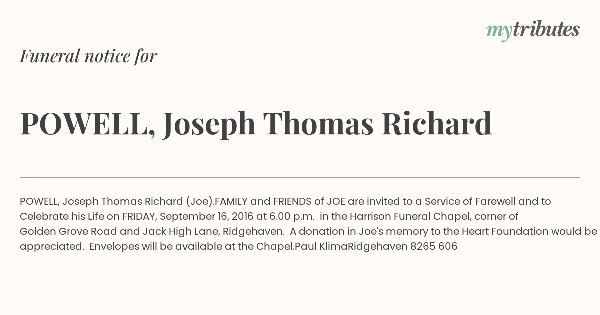 POWELL, Joseph Thomas Richard | Funeral Notices | Darwin | My Tributes