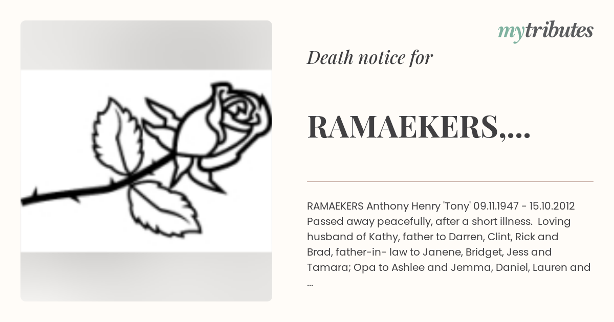 RAMAEKERS, Anthony Henry | Death Notices | Melbourne | The Mercury