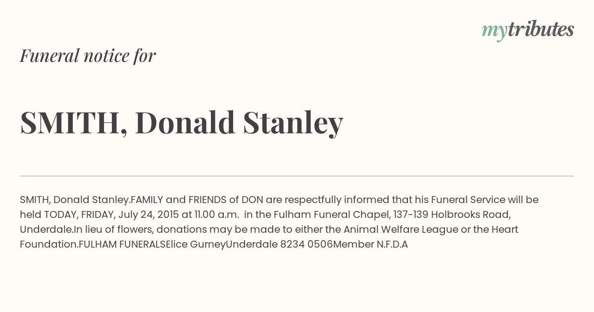 SMITH, Donald Stanley | Funeral Notices | Darwin | My Tributes