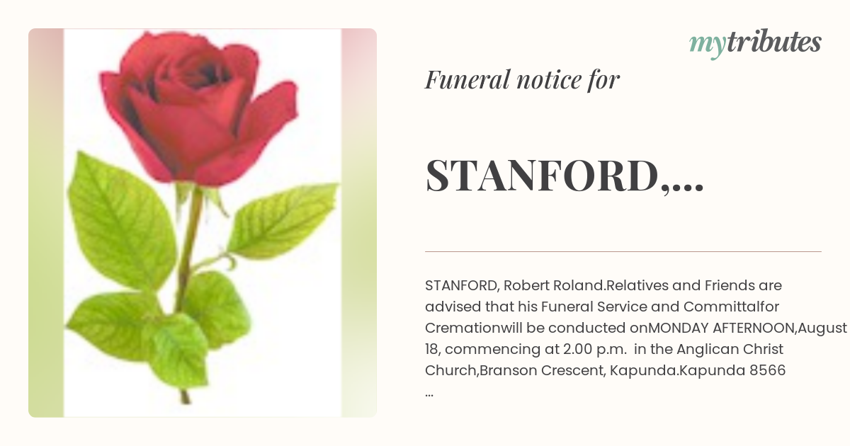 STANFORD, Robert Roland | Funeral Notices | Darwin | My Tributes