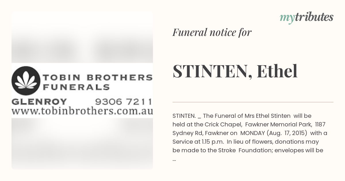 STINTEN, Ethel | Funeral Notices | Melbourne | My Tributes