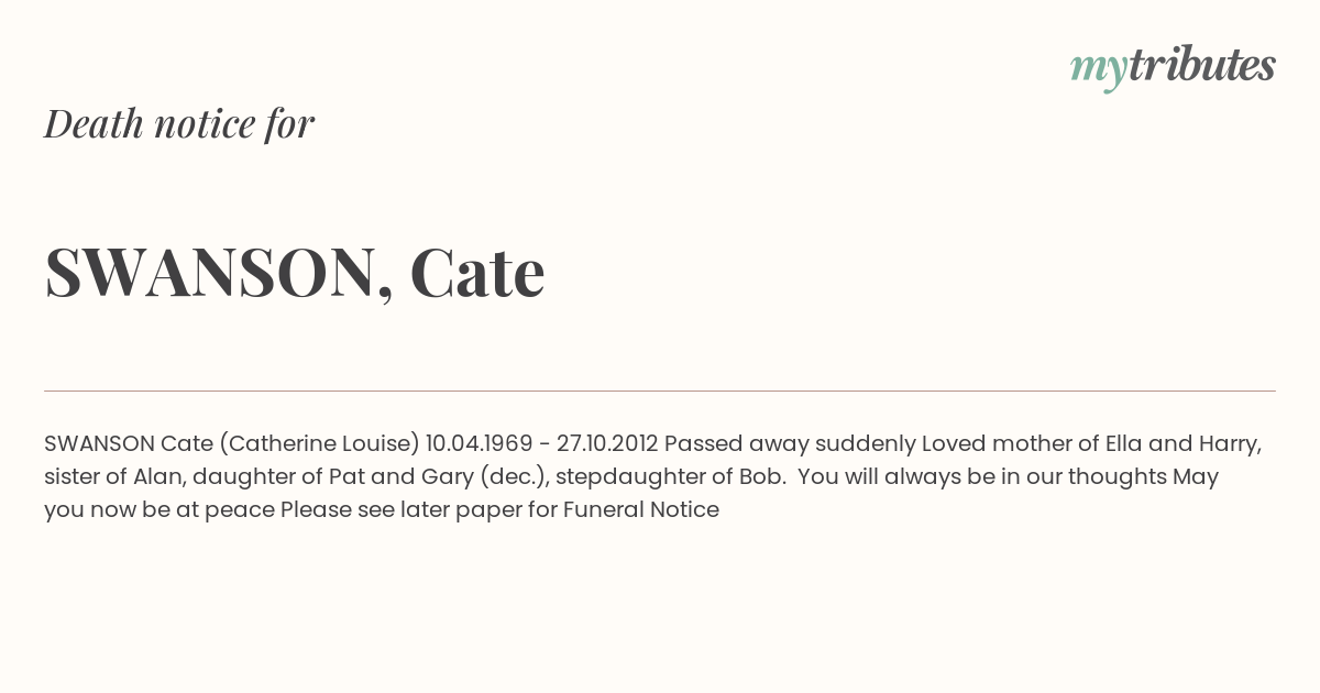 SWANSON, Cate | Death Notices | Melbourne | The Mercury