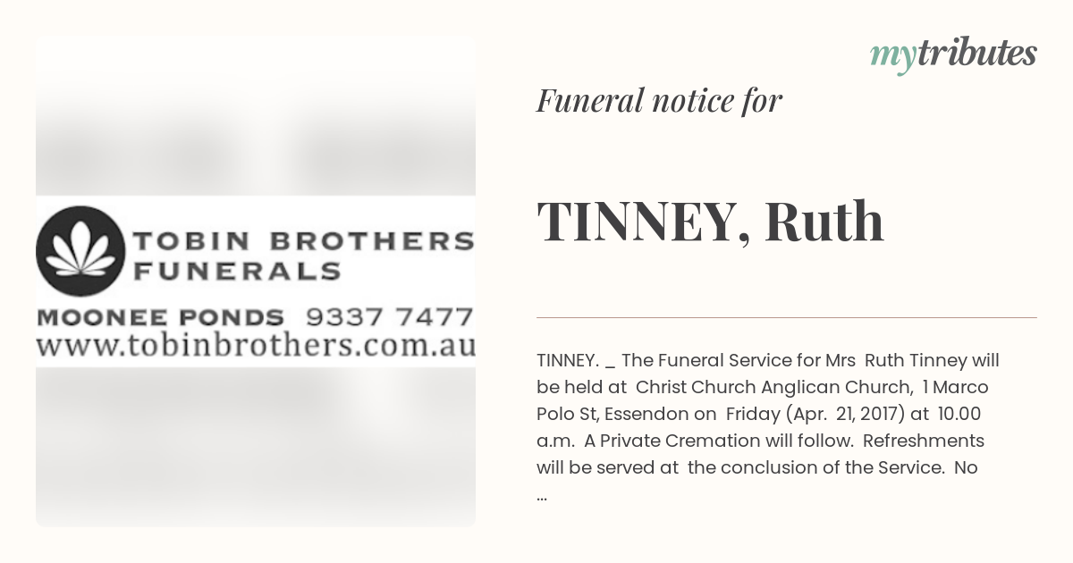 TINNEY, Ruth | Funeral Notices | Melbourne | My Tributes