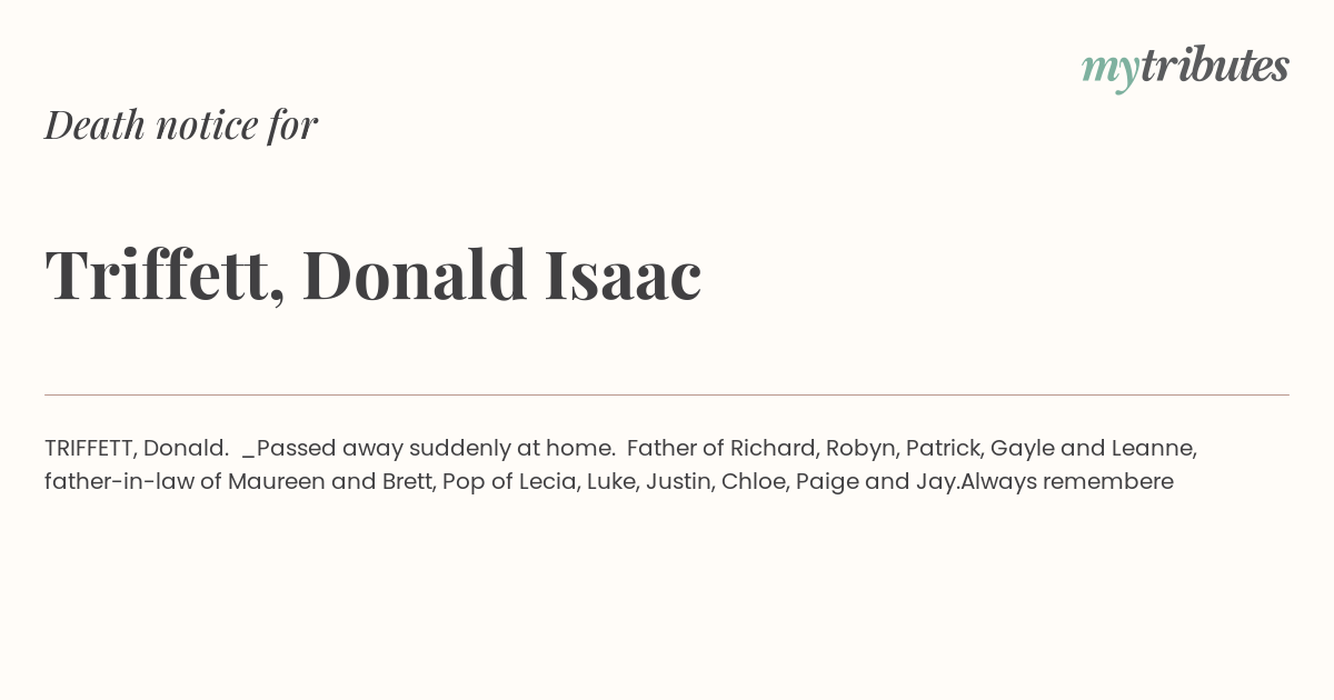 Triffett, Donald Isaac | Death Notices | Tasmania | My Tributes
