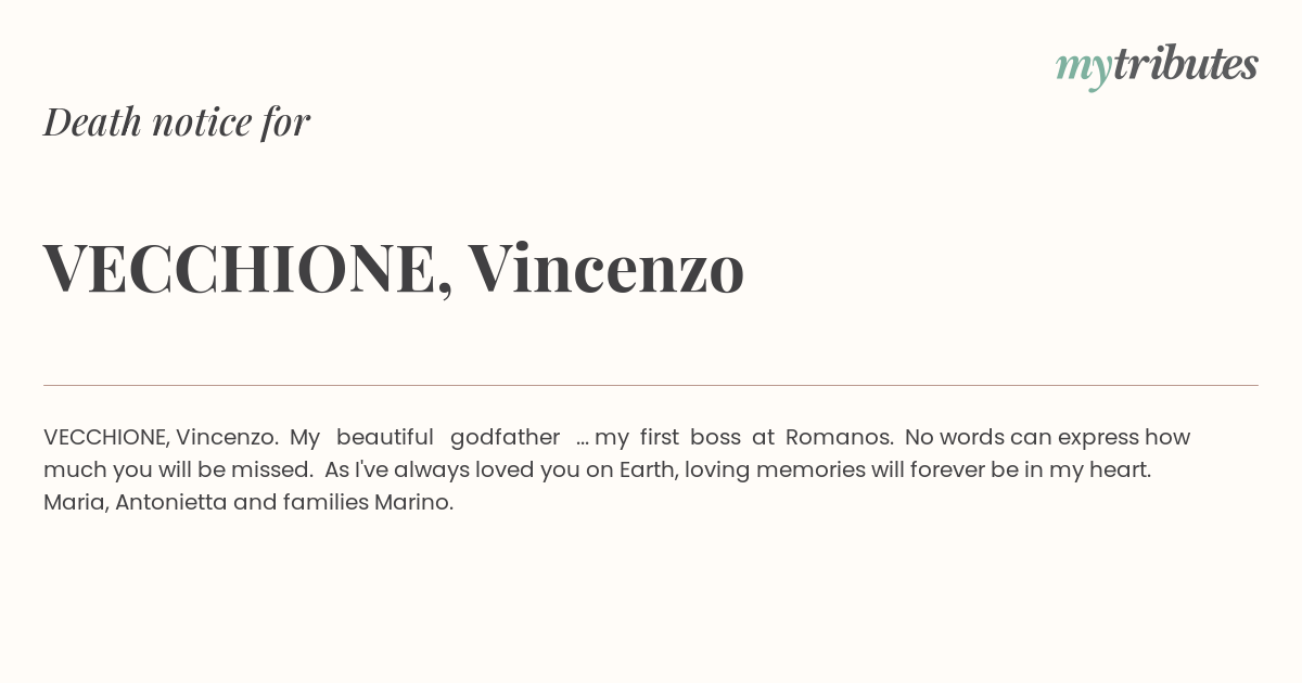 VECCHIONE, Vincenzo | Death Notices | Tasmania | The Mercury