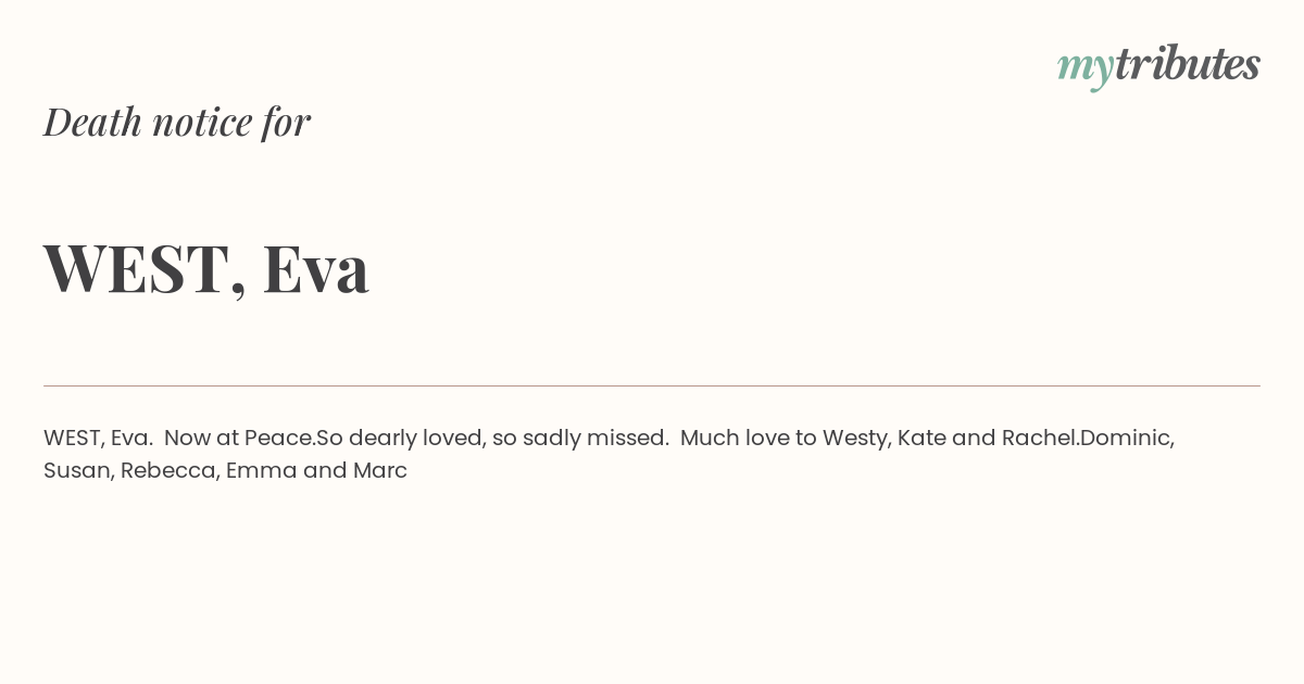 WEST, Eva | Death Notices | Darwin | My Tributes