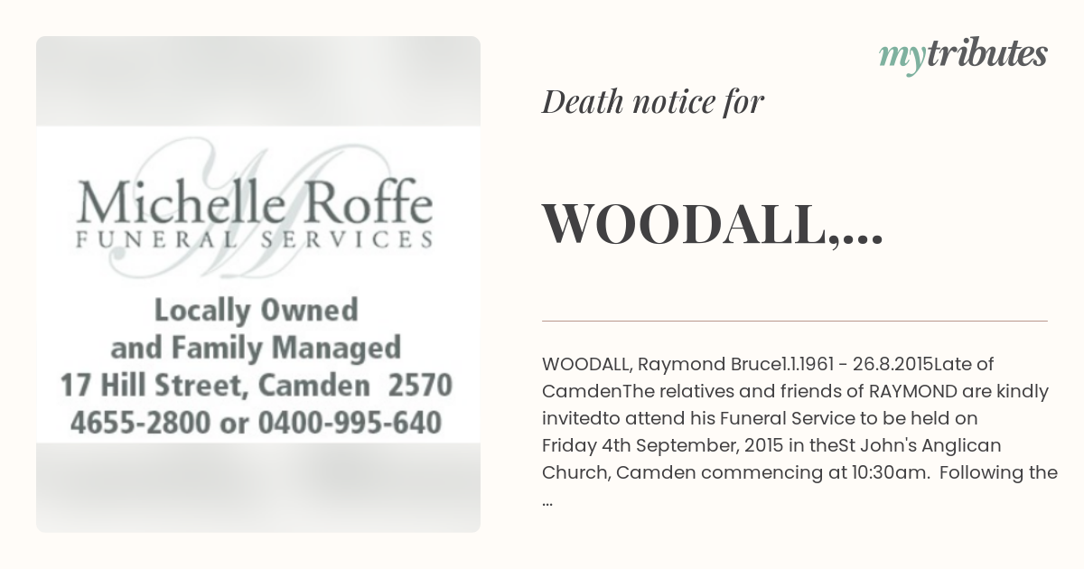 WOODALL, Raymond Bruce | Death Notices | Sydney | My Tributes