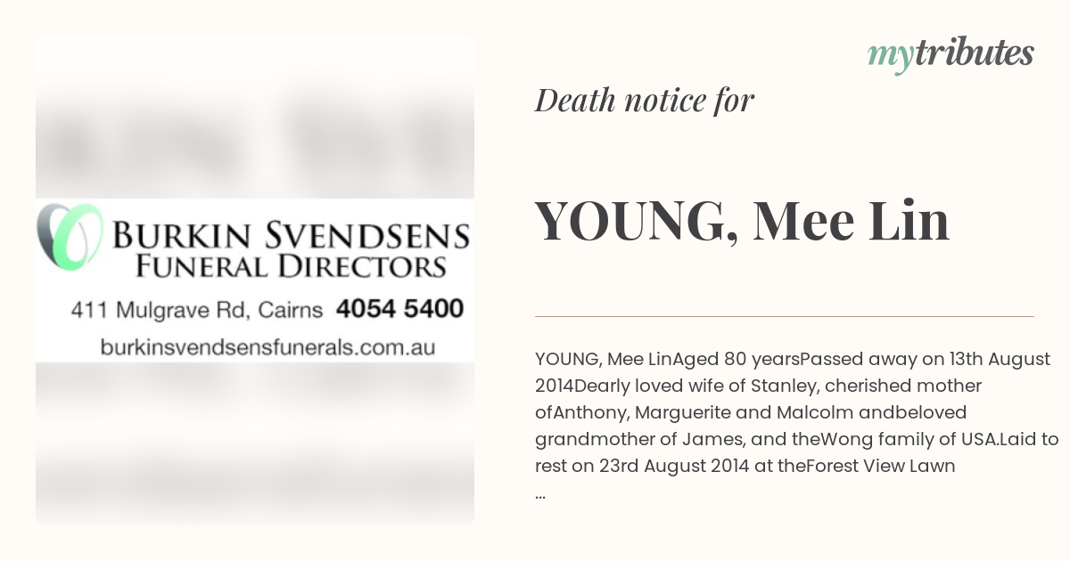 YOUNG, Mee Lin | Death Notices | Cairns | My Tributes