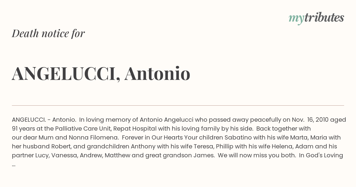 ANGELUCCI, Antonio | Death Notices | Melbourne | My Tributes