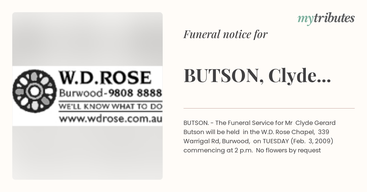 BUTSON, Clyde Gerard | Funeral Notices | Melbourne | My Tributes