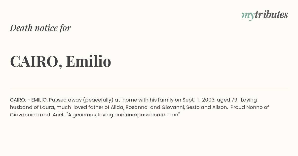 CAIRO, Emilio | Death Notices | Melbourne | Herald Sun