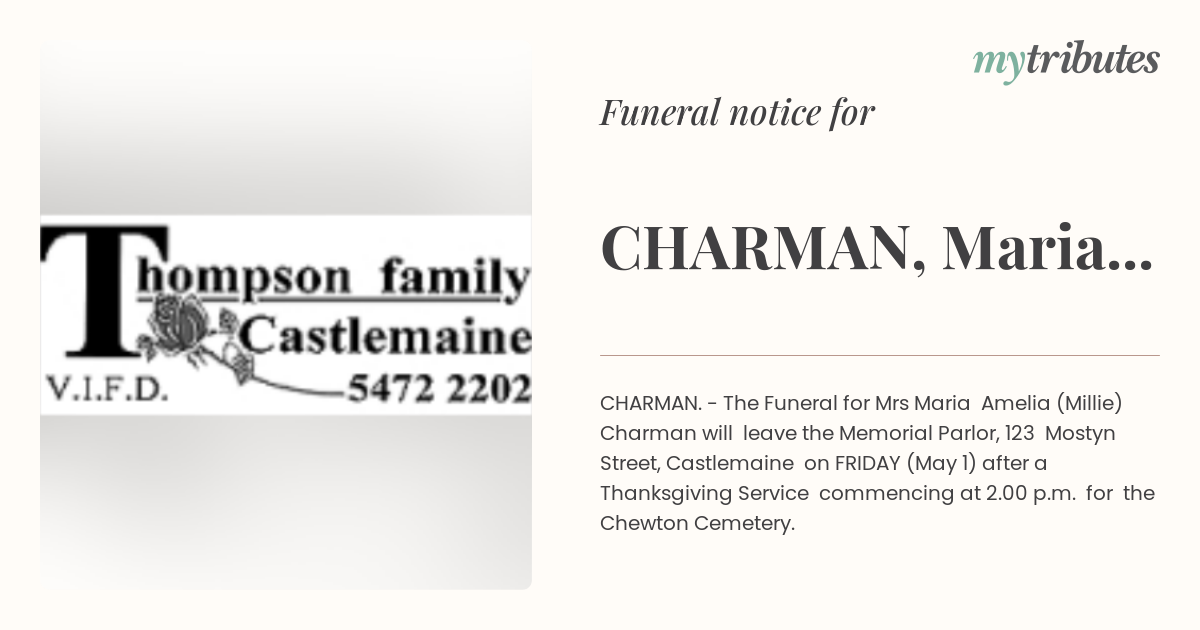 CHARMAN, Maria Amelia (Dennis) | Funeral Notices | Melbourne | My Tributes