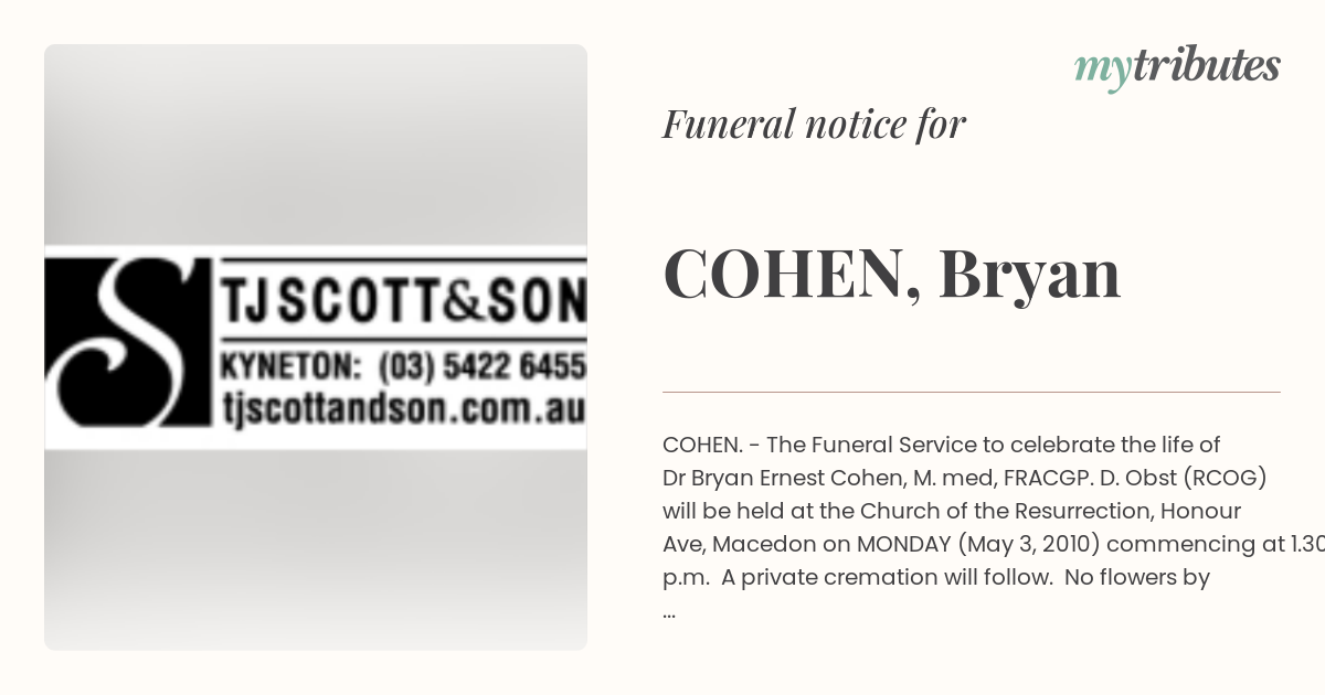 COHEN, Bryan | Funeral Notices | Melbourne | My Tributes