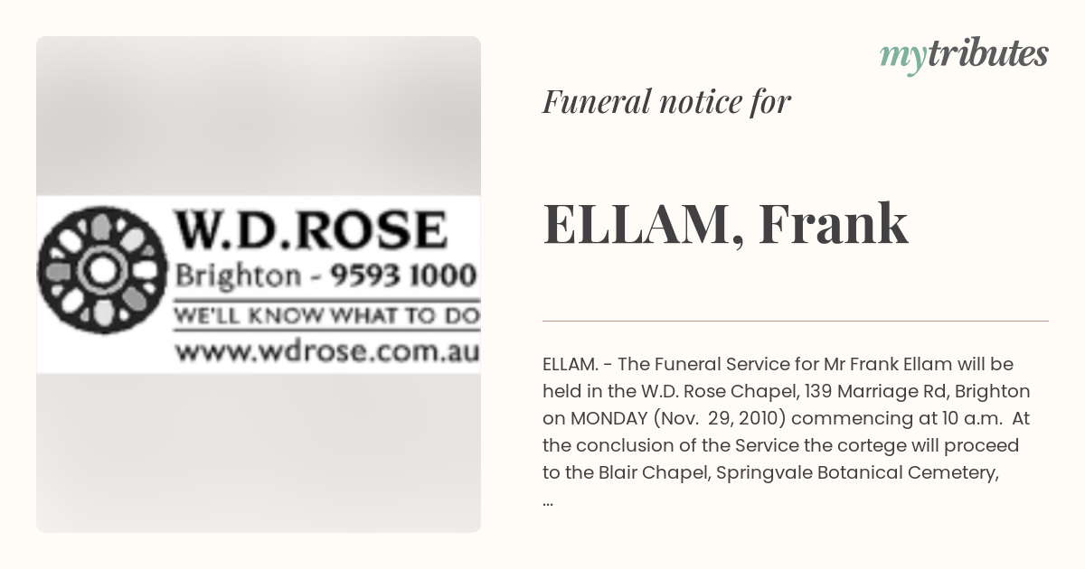 ELLAM, Frank | Funeral Notices | Melbourne | My Tributes