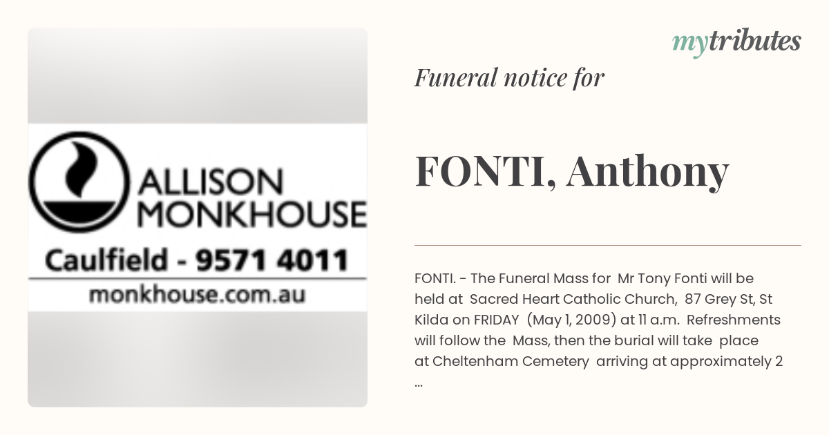 FONTI, Anthony | Funeral Notices | Melbourne | My Tributes